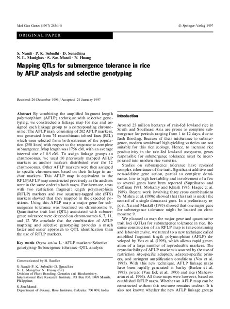 Pdf Mapping Qtls For Submergence Tolerance In Rice By Aflp Analysis And Selective Genotyping