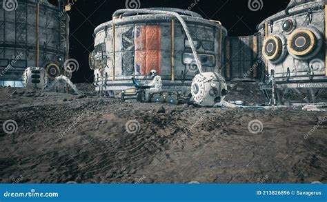 外星人星球表面的观点空间殖民地或月球基地与站在附近的3d翻译的宇宙飞船 库存例证 插画 包括有 幻想 疏远 213826896