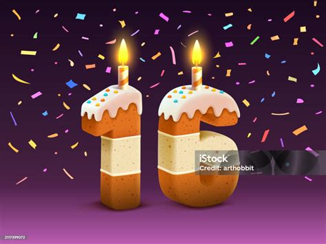 생일 축하 사람 생일 기념일 숫자 16 형태의 케이크 촛불 벡터 일러스트 레이 션 16에 대한 스톡 벡터 아트 및 기타 이미지