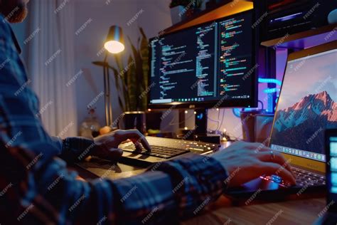 Premium Photo Programmer Working On Computer In Dark Room Programmer