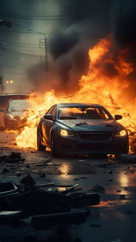 Dangerous Car Crash Scene With A Fiery Aftermath On The Road Stock