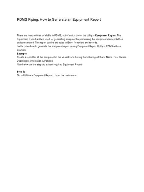 Pdms Piping How To Generate An Equipment Report Example Pdf Tab