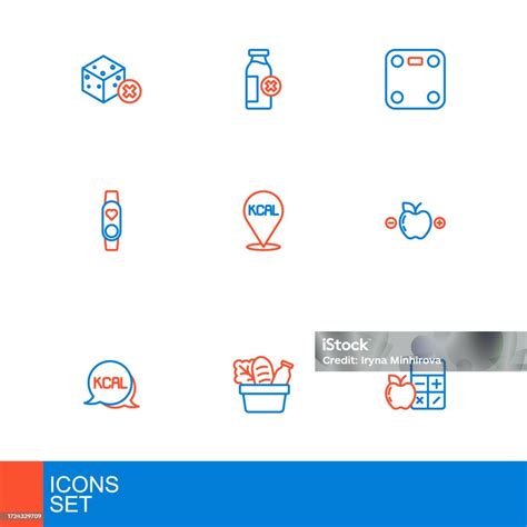 세트 라인 칼로리 계산기 쇼핑백 및 음식 Kcal 심장이 있는 스마트 시계 욕실 저울 및 유당 불내증 아이콘 벡터 가방에 대한