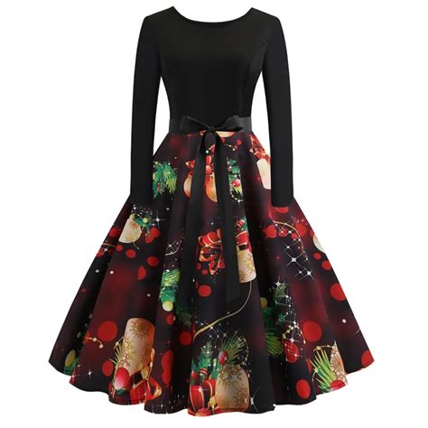 Robe Noel Femme Christmas Dress Women Long Sleeve O Neck Printing