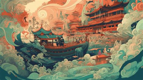 中国风国潮房屋建筑船场景插画图片 千库网 中国风国潮房屋建筑船场景插画图片 千库网