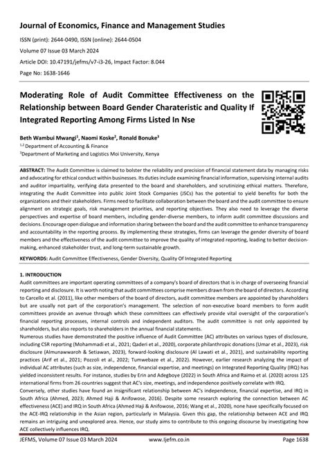 PDF Moderating Role Of Audit Committee Effectiveness On The Relationship Between Board Gender