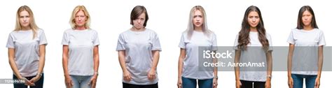 흰색 T 셔츠를 입고 여자의 그룹의 콜라주 고립 된 배경 회의론과 긴장 문제 때문에 장난 화가 부정적인 사람 불안에 대한 스톡 사진 및 기타 이미지 Istock