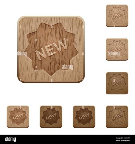 Set Of Carved Wooden New Badge Buttons 8 Variations Included Arranged Layer Structure Stock