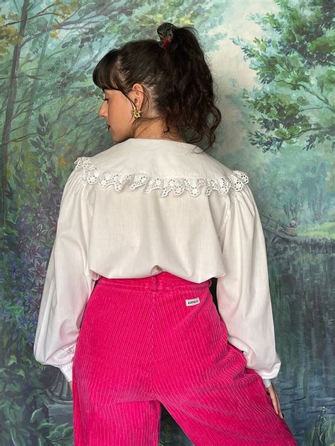 Vintage White Floral Embroidered Blouse Peter Pan Ruffle Etsy
