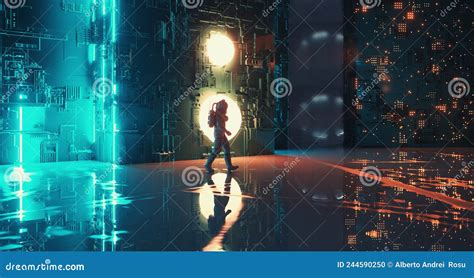 Futuristic Sci Fi Utopian City Alien Woman In A Pant Suit Walking Away
