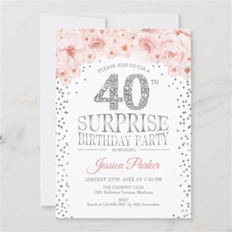 Surprise 40th Birthday Party White Silver Pink Invitation
