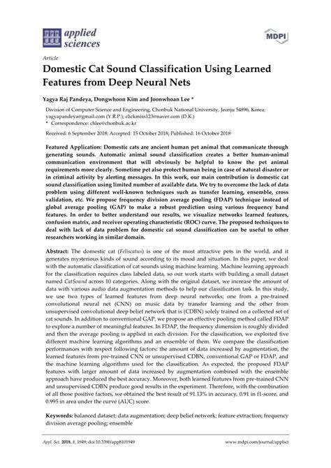 Pdf Domestic Cat Sound Classification Using Learned Features From Deep Neural Nets