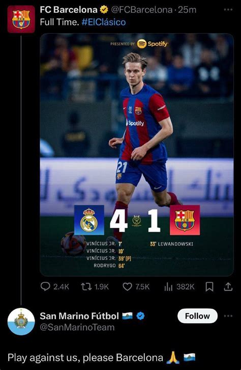 توییت تیم ملی سن مارینو زیر پست بارسلونا؛ حاجی این چی بود من دیگه نمیتونم شما ادامه بدید🤣🤣🤣