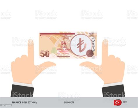 50 터키 리라 은행권입니다 비즈니스 손 지폐를 측정입니다 평면 스타일 벡터 일러스트입니다 비즈니스 금융 개념입니다 50에 대한