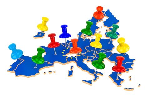 Mapa de la unión europea con pines de empuje de colores en 3d Foto