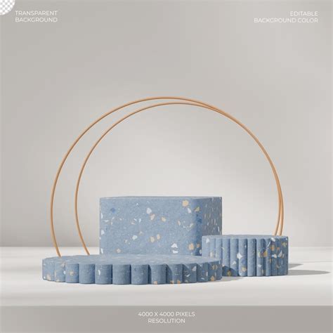 파란 테라조 실린더 포디움의 투명한 배경 사각형 노란 반지 3d 렌더링 프리미엄 Psd 파일