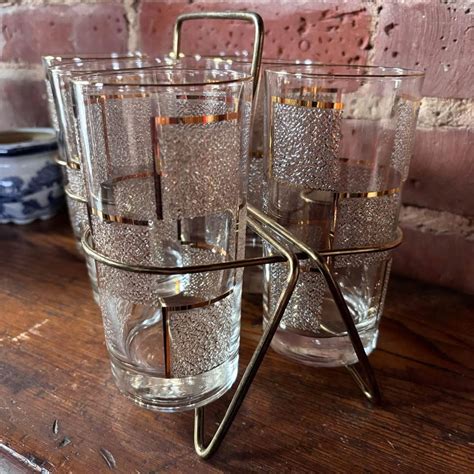 Set Of 6 Vintage Gold Drinking Glasses Tumblers With Gold Caddy Etsy