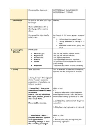 Detailed Lesson Plan In Identifying Claims For Classroom Observation PDF