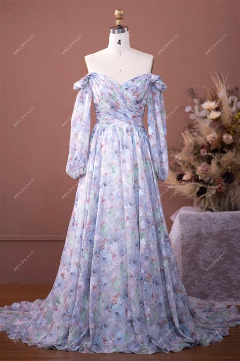 Designer Floral Chiffon Off Shoulder Formal Summer Bridal Dress