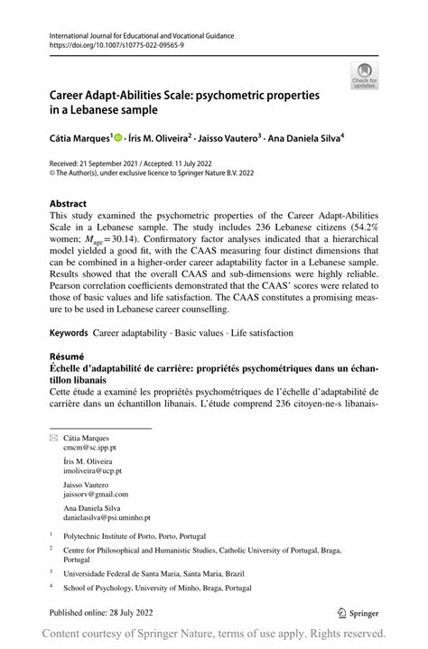 Career Adapt Abilities Scale Psychometric Properties In A Lebanese Sample Request Pdf