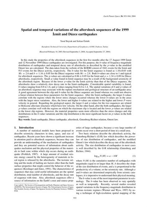 Pdf Spatial And Temporal Variations Of The Aftershock · Earth