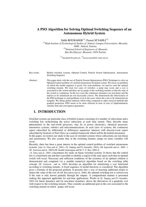 Pdf A Pso Algorithm For Solving Optimal Switching Sequence Of An Autonomous Hybrid System
