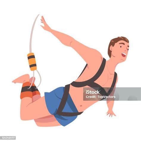 남자 캐릭터와 함께 번지 점프 탄성 코드 벡터 그림에 연결된 큰 높이에서 자유롭게 떨어지는 경외감에 대한 스톡 벡터 아트 및