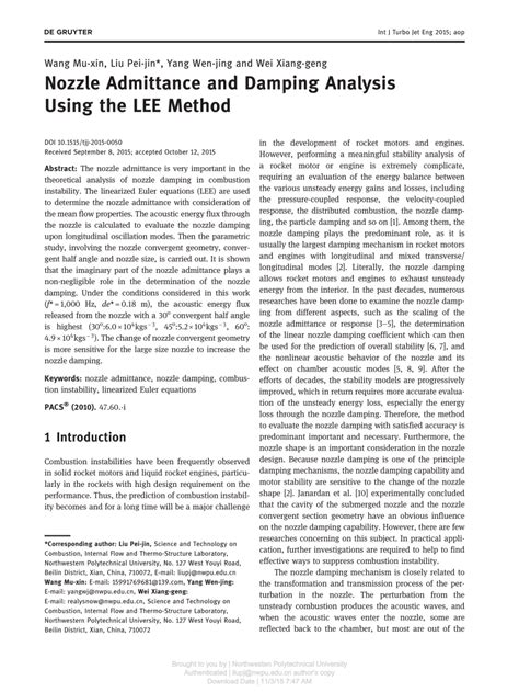 Pdf Nozzle Admittance And Damping Analysis Using The Lee Method