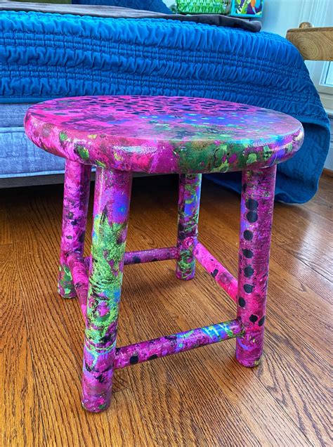 Bright Pink Stool In Boho Eclectic Design Funky Colorful Stool Etsy