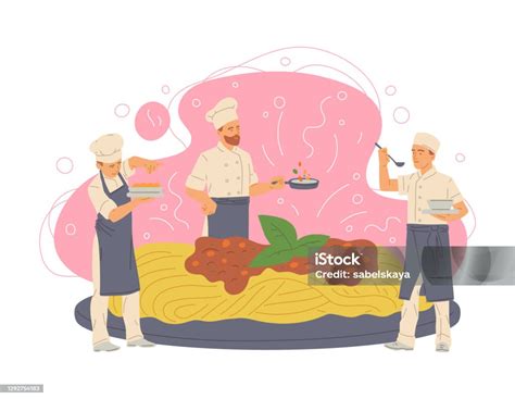 작은 전문 요리사는 맛있는 이탈리아 파스타 벡터 일러스트를 준비 사람들에 대한 스톡 벡터 아트 및 기타 이미지 사람들
