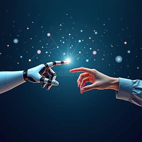hands of robot and human touching on big data network connection