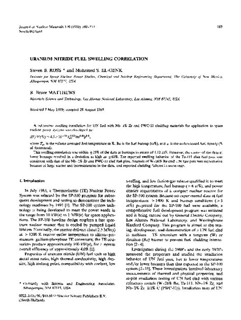 Pdf Uranium Nitride Fuel Swelling Correlation
