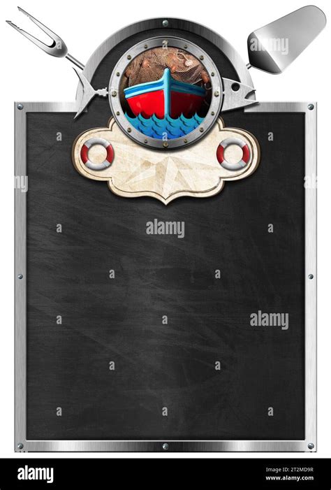 Template For A Seafood Menu With An Empty Blackboard With Metal Frame Kitchen Utensils Boat
