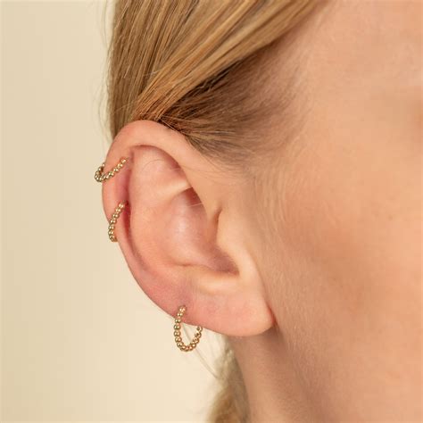 14k Gold Beaded Huggies Solid Gold Mini Hoops Small Plain Gold Huggie
