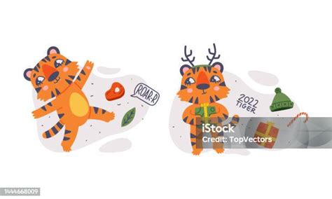 새해를 축하하는 귀여운 아기 호랑이 세트 재미 있는 오렌지 줄무늬 정글 와일드 캣 캐릭터 만화 벡터 일러스트 레이 션 귀여운에 대한 스톡 벡터 아트 및 기타 이미지 Istock