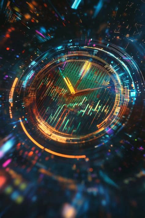Futuristic Digital Clock Orbiting Time Metrics With Colorful Data Visualizations And Light