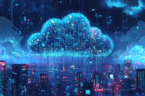 Futuristic AI Cloud Concept Over Modern Cityscape With Binary Code Rain