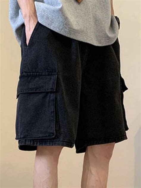 Emmiol Free Shipping Men S Cargo Pocket Patched Straight Leg Jeans Black M In Loose Jeans