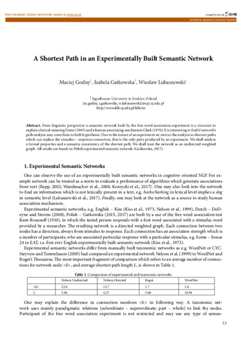 Pdf A Shortest Path In An Experimentally Built Semantic Network