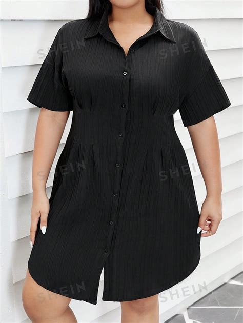 Shein Essnce Vestido Camisa Curto De Tecido Texturizado Para Férias De