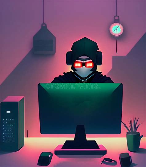 The Cyber Crime Hacker On The Computer System In The Dark Room Stock Illustration