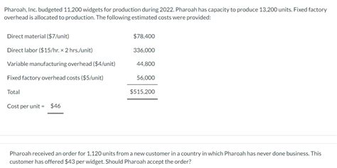 Solved Pharoah Inc Budgeted 11 200 Widgets For Production Chegg