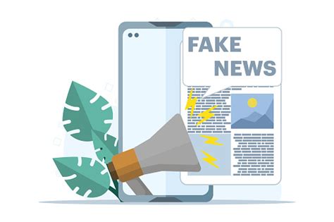 가짜 뉴스 정보 소셜 미디어 뉴스 사기 선전 모바일 스마트 폰 메가폰 및 모바일 용 화면 템플릿의 개념 웹사이트 랜딩 페이지에