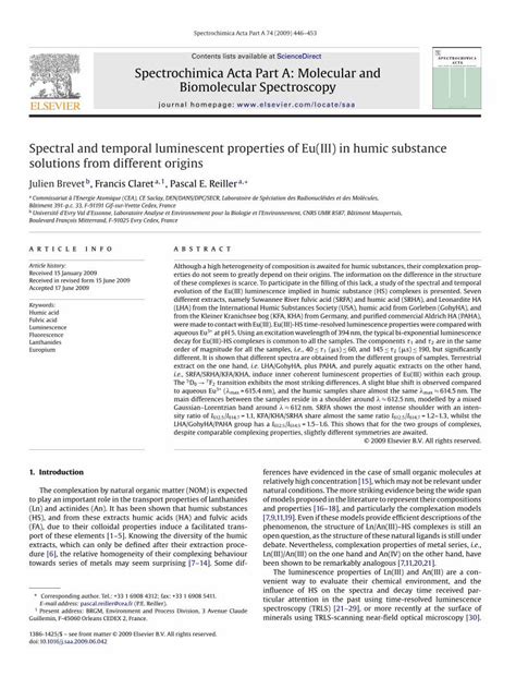 Pdf Spectral And Temporal Luminescent Properties Of Eu Iii In Humic Substance Solutions From