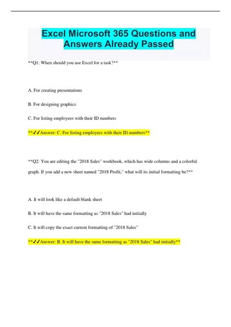 excel microsoft 365 questions and answers already passed excel