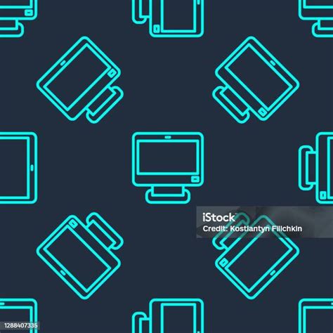 緑の線 コンピュータモニター画面のアイコンは青の背景にシームレスなパターンを分離します電子機器フロントビューベクトル アイコンのベクター