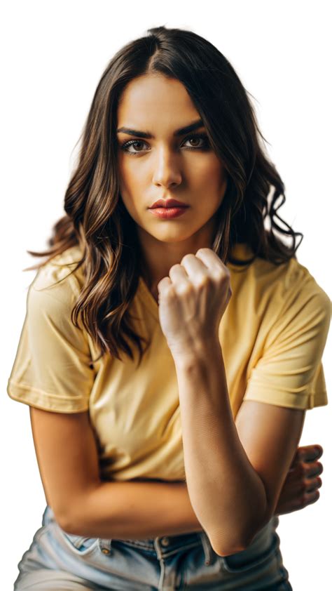 Woman With Long Brown Hair Wearing Yellow Shirt Looking At Camera 47418166 Png