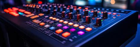 Professional Audio Mixer With Illuminated Faders Knobs And Buttons For Music Production Stock
