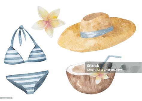 여름 테마에 수채화 손으로 그린 일러스트 세트 밀짚모자 수영복 칵테일 코코넛 열대 꽃 흰색 배경에 고립 된 수채화 그림 남자 수영복에 대한 스톡 벡터 아트 및 기타 이미지