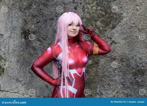 Cosplayer Girl Dressed As Zero Two Character From The Darling In The Franxx Anime Series